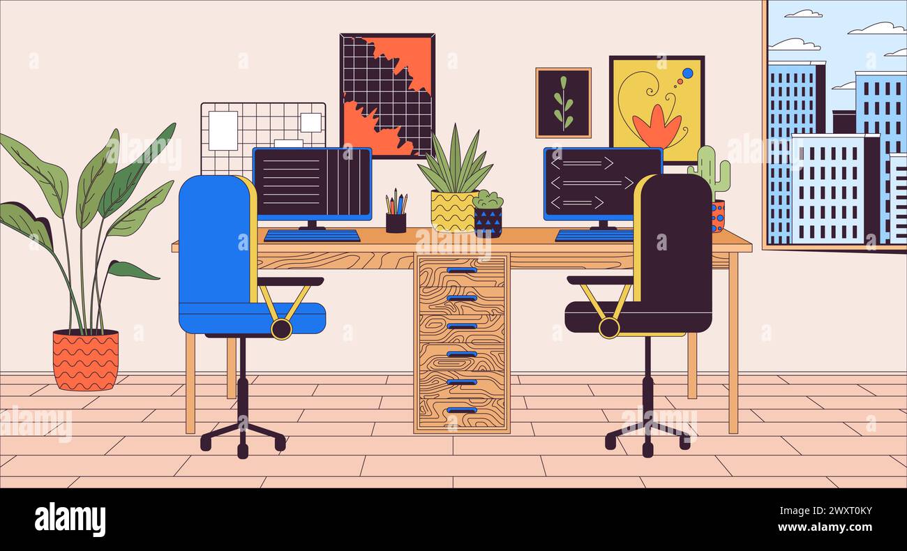 Double desk at home office cartoon flat illustration Stock Vector Image ...