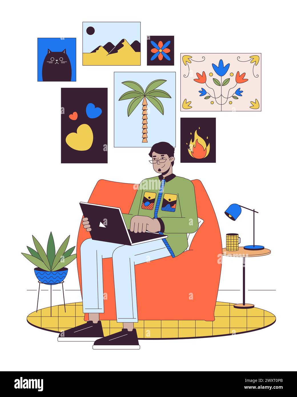 Work comfortable line cartoon flat illustration Stock Vector Image ...