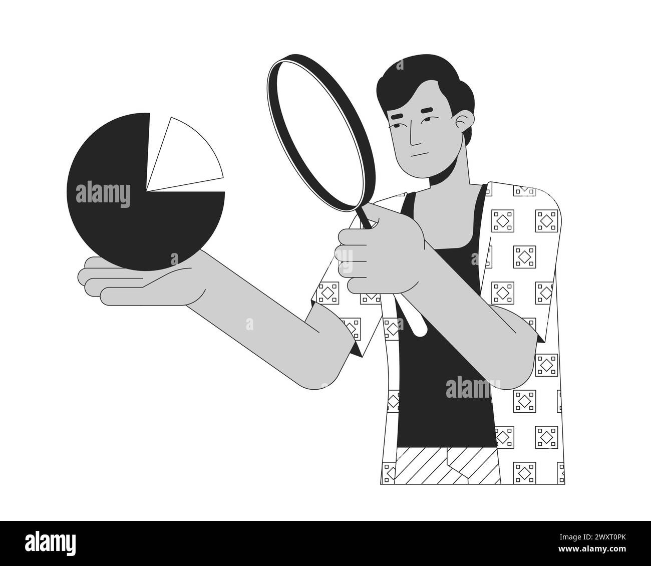 Data scientist magnifying glass black and white 2D illustration concept ...