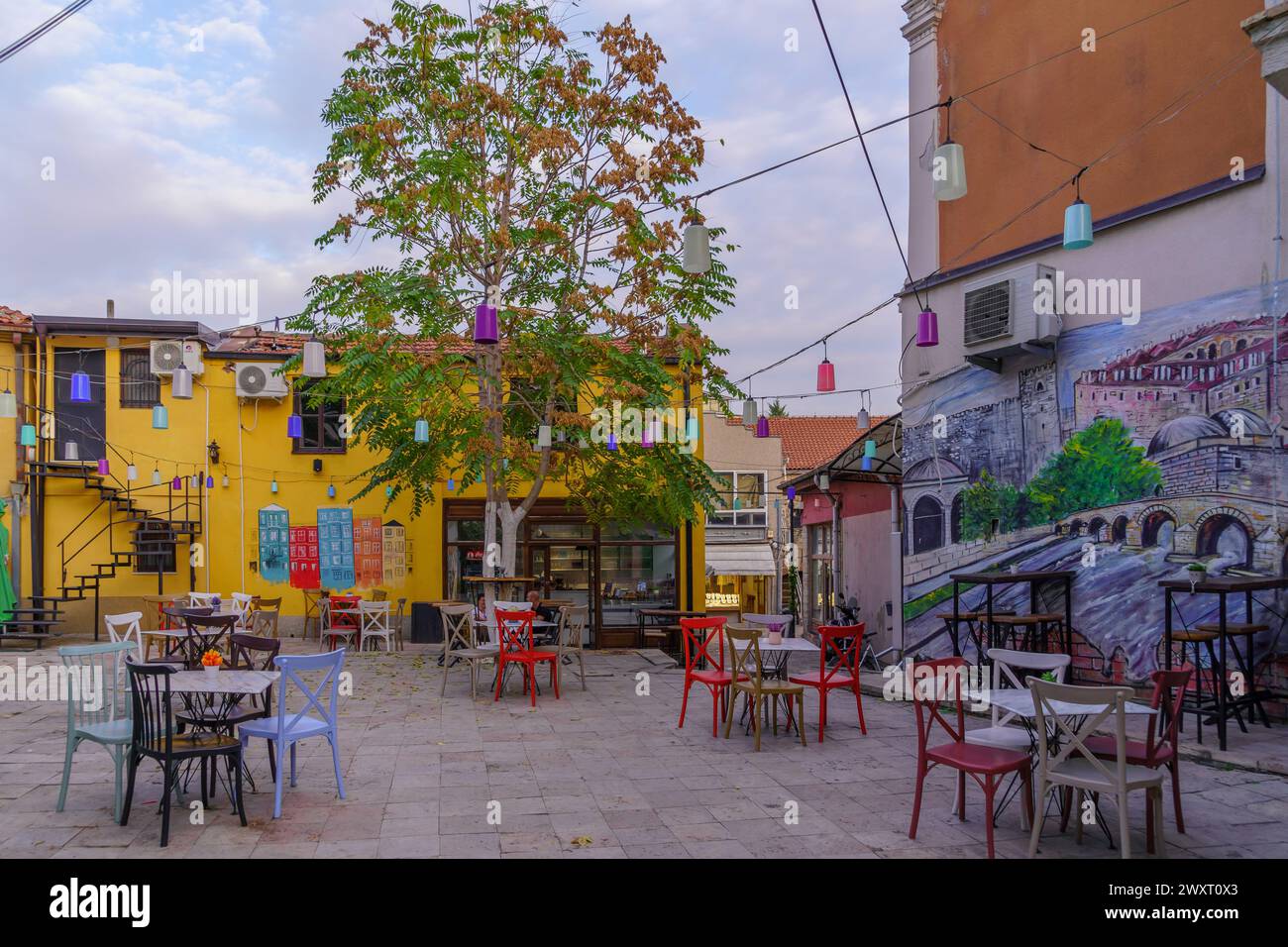 Skopje, North Macedonia - October 06, 2023: Sunset street scene in the ...