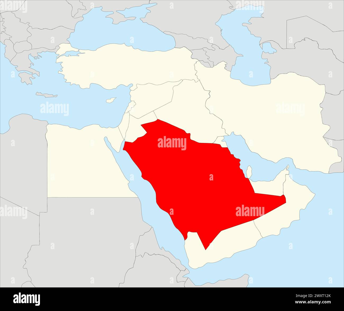 Red map of SAUDI ARABIA inside highlighted beige map of the Middle East ...