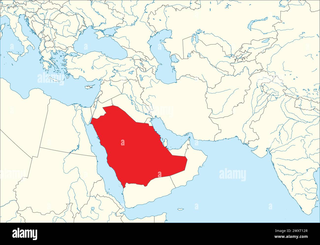 Red map of SAUDI ARABIA inside white map of the Middle East Stock ...