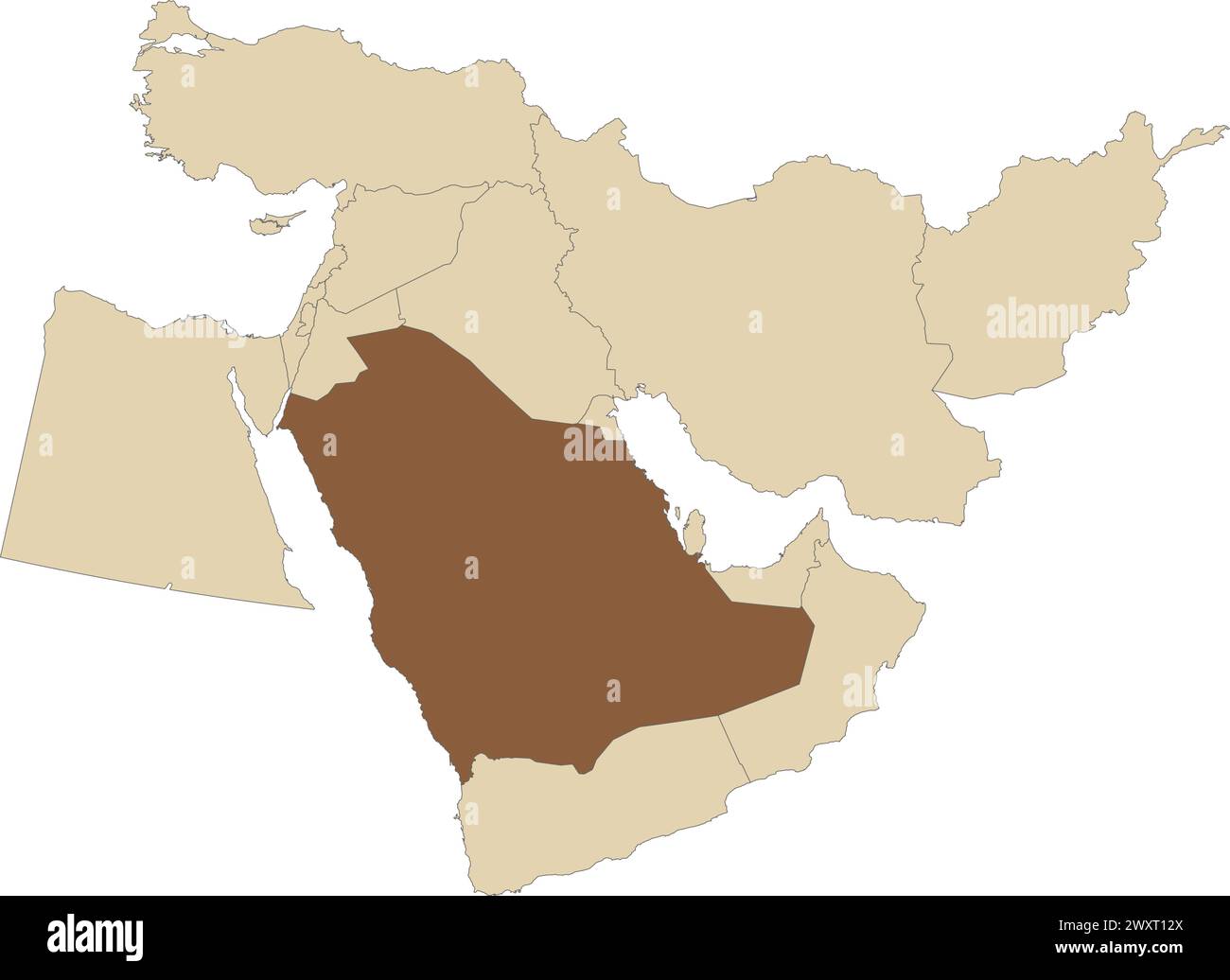 Dark brown map of SAUDI ARABIA inside light brown map of the Middle ...