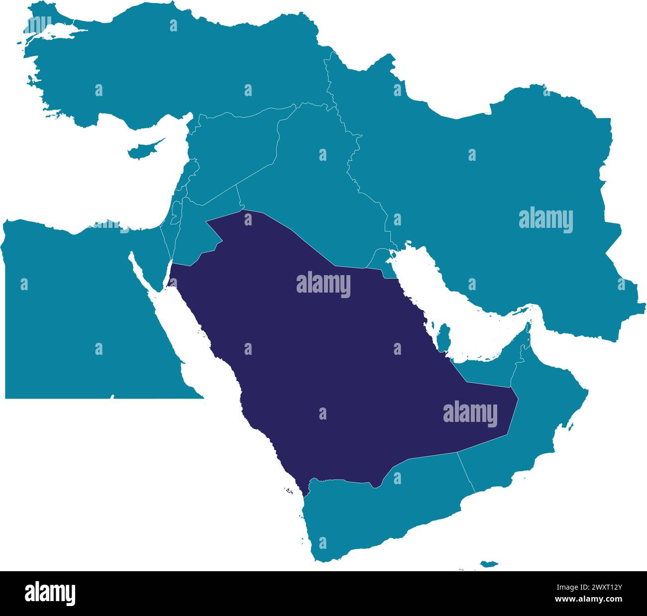 Purple map of SAUDI ARABIA inside marine blue map of the Middle East ...