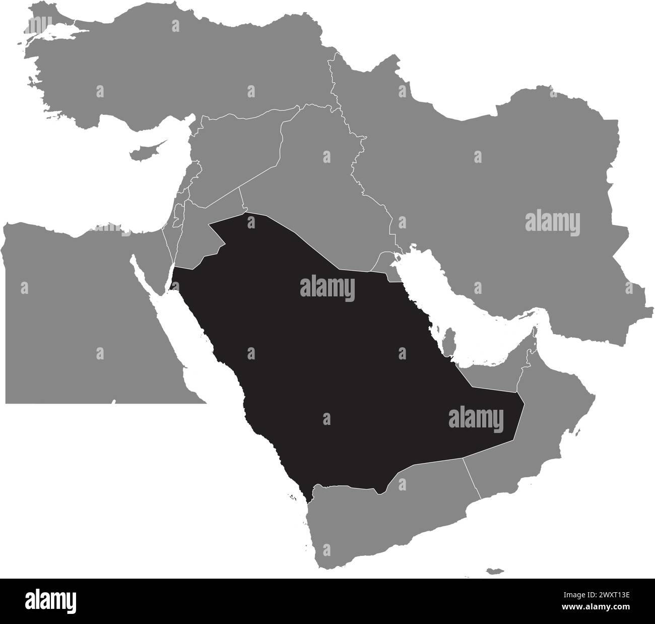 Black map of SAUDI ARABIA inside gray map of the Middle East Stock ...