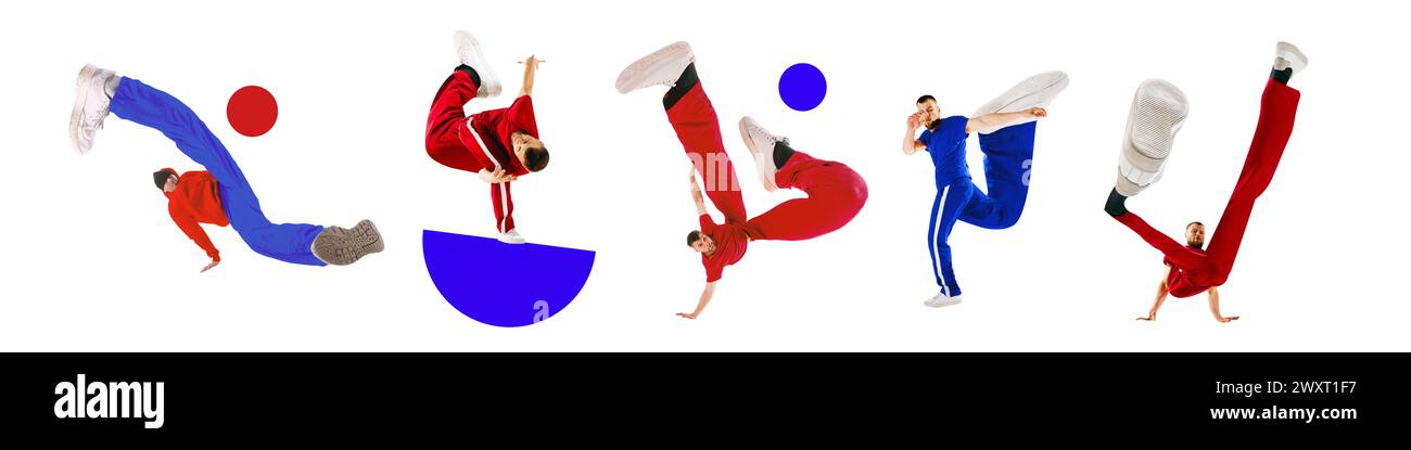 Banner. Contemporary art collage. Talented break-dancers with long legs ...