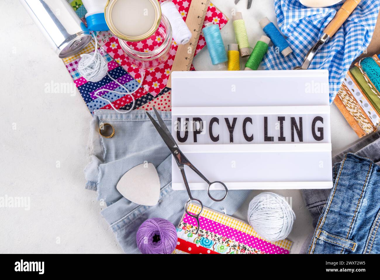 DIY upcycling ideas and materials background. Sustainable hobby with ...