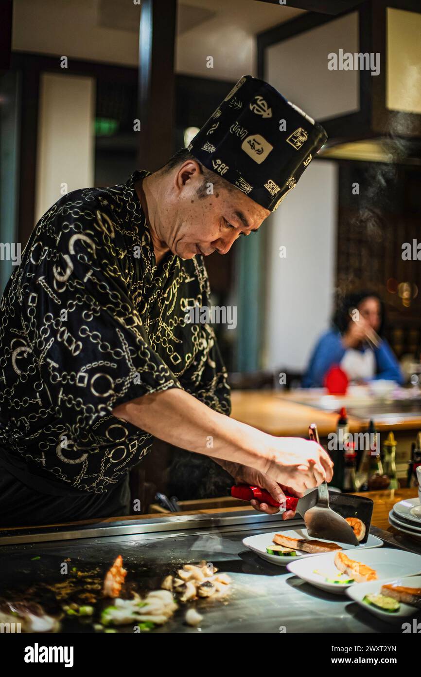 Berlin, Germany 05. 09. 2019. Teppanyaki chef cooking at teppan in a ...
