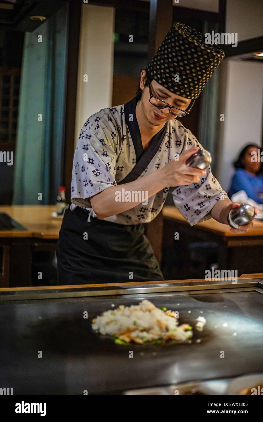 Berlin, Germany 05. 09. 2019. Teppanyaki chef cooking at teppan in a ...