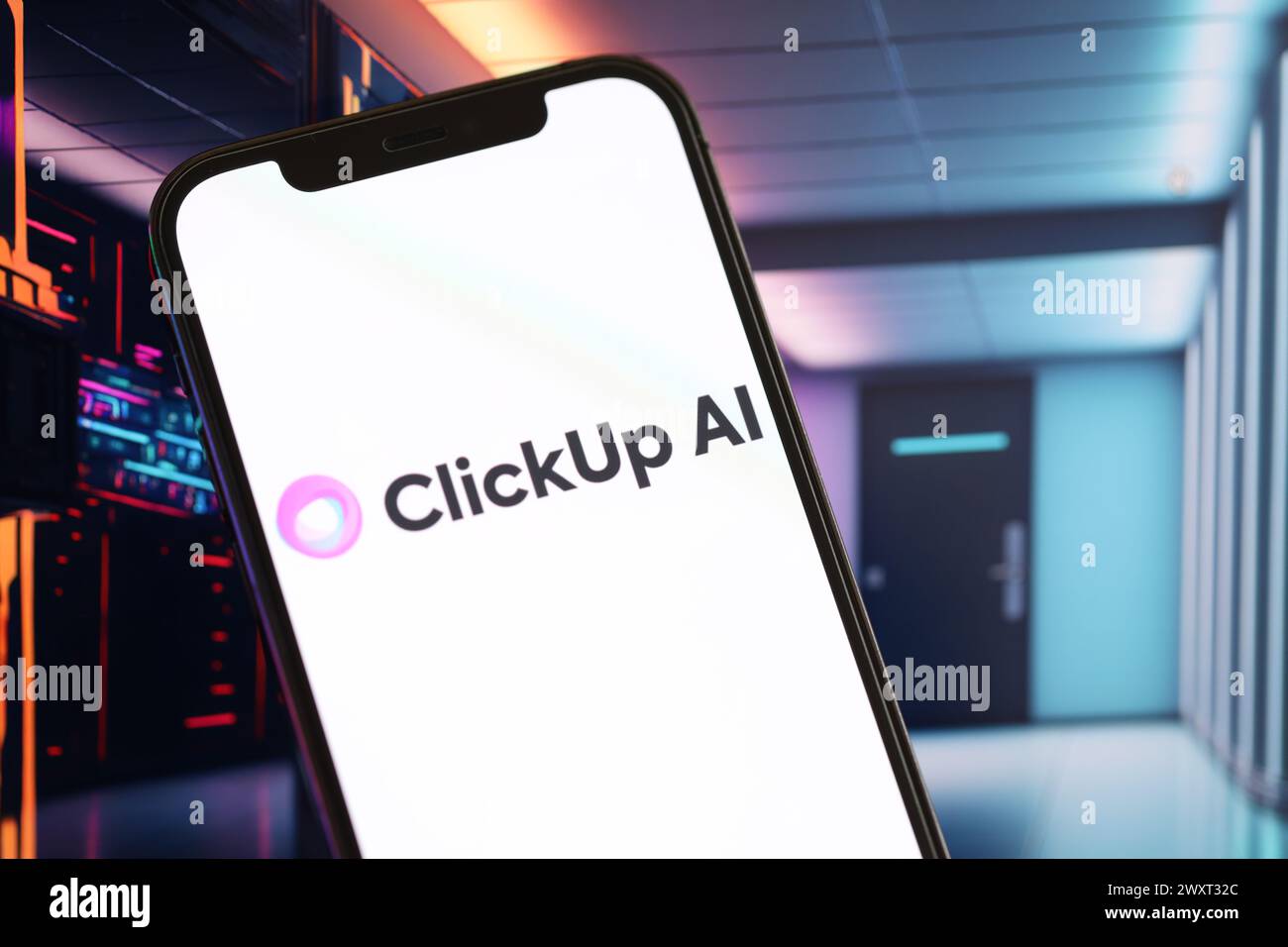 KYIV, UKRAINE - MARCH 17, 2024 ClickUp logo on iPhone display screen ...