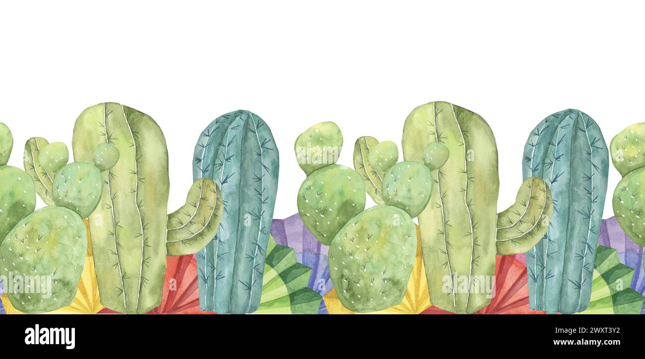 Seamless border of cacti and paper fan elements hand drawn in ...
