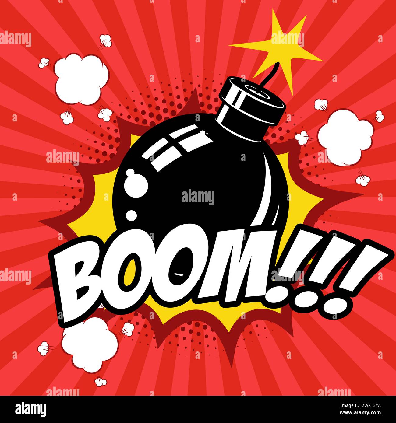 Boom! Comic style phrase on colorful background. Cartoon bomb explosion ...