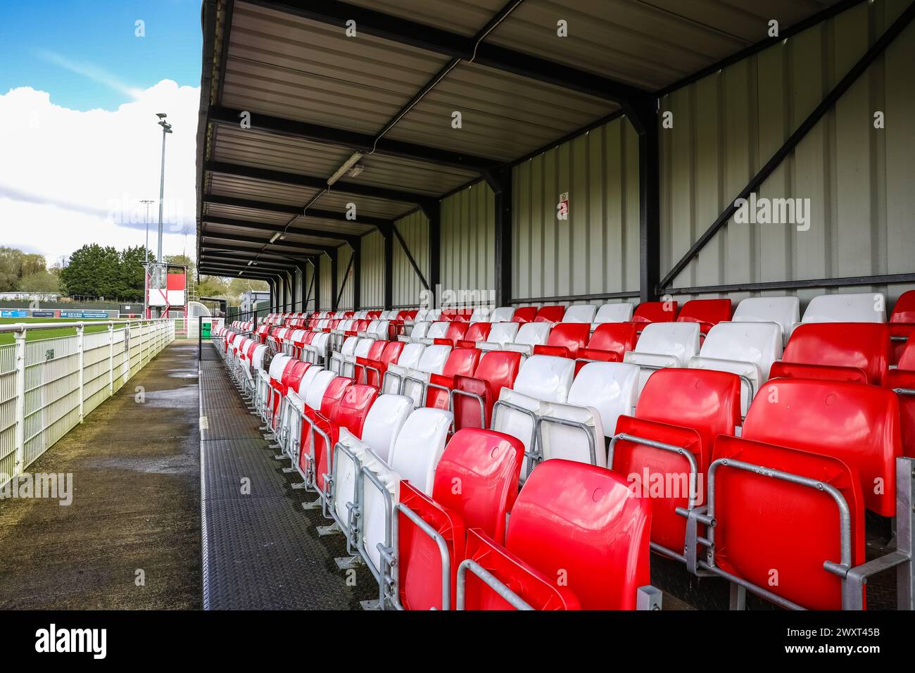Red and white seats in the Brackley Town Football Club family stand ...
