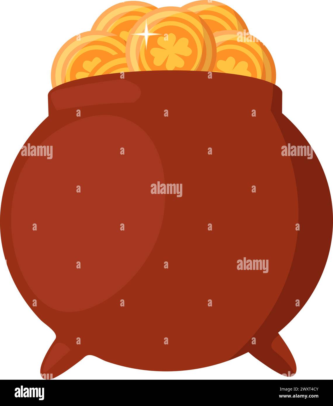 Cast iron round pot filled with Leprechaun treasure. Gold coins in ...