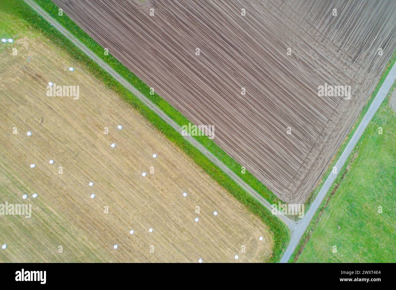 aerial top view of agricultural fields, one field plowed for planting ...