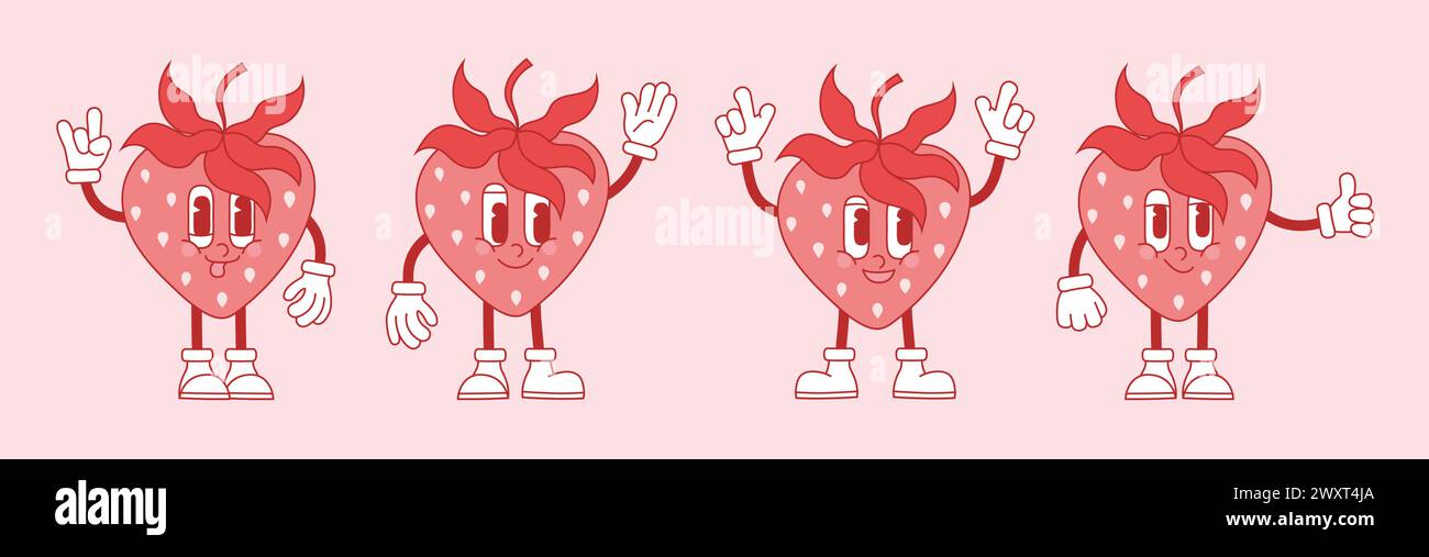 Groovy line red cartoon fruits. Comic mascot of 60s and 70s funky comic ... Groovy line red cartoon fruits. Comic mascot of 60s and 70s funky comic ...