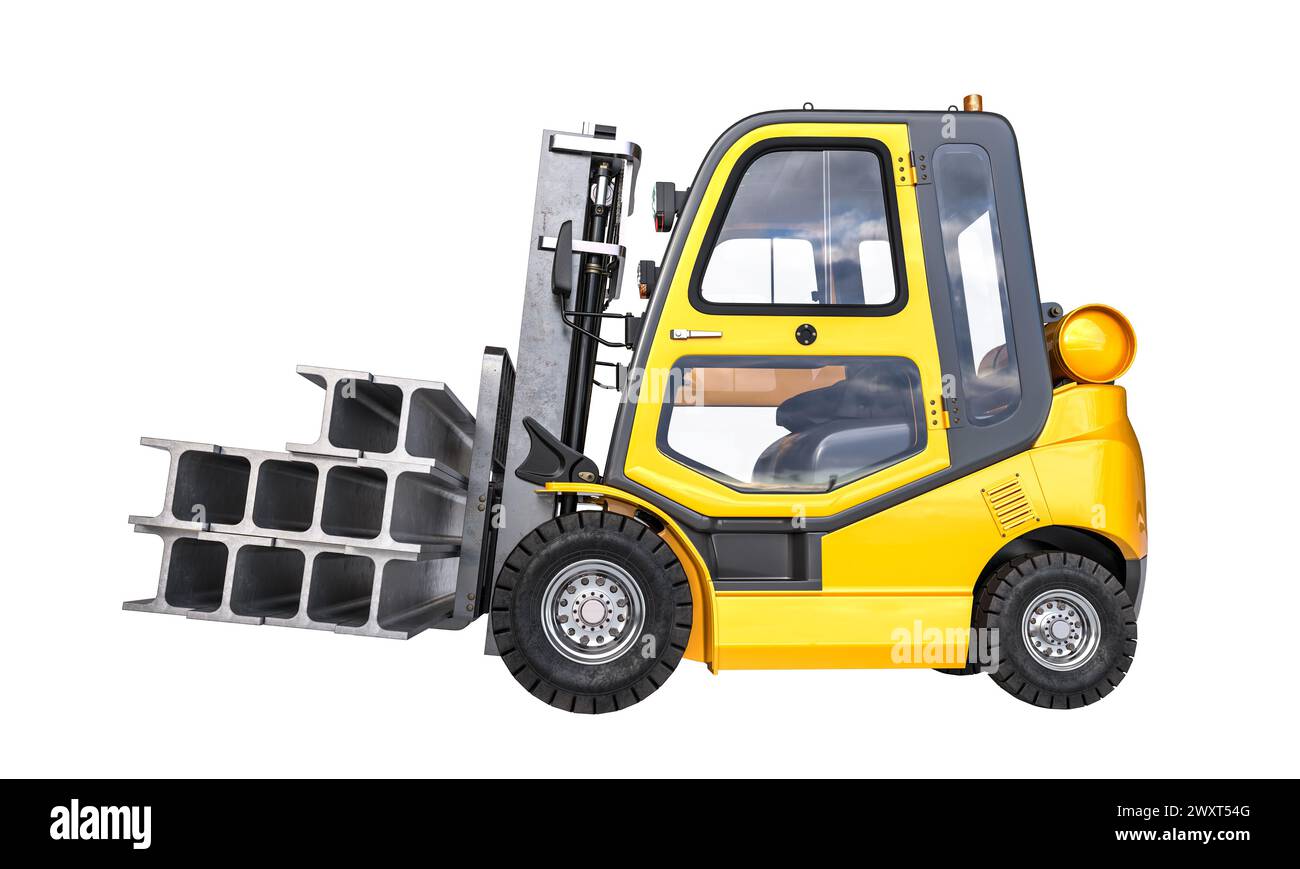 Side view of a new yellow forklift truck, isolated on a white ...