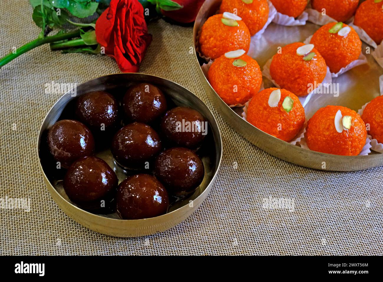 Indian sweet gulab jamun and morichoor / Bundi Laddu in round shape ...