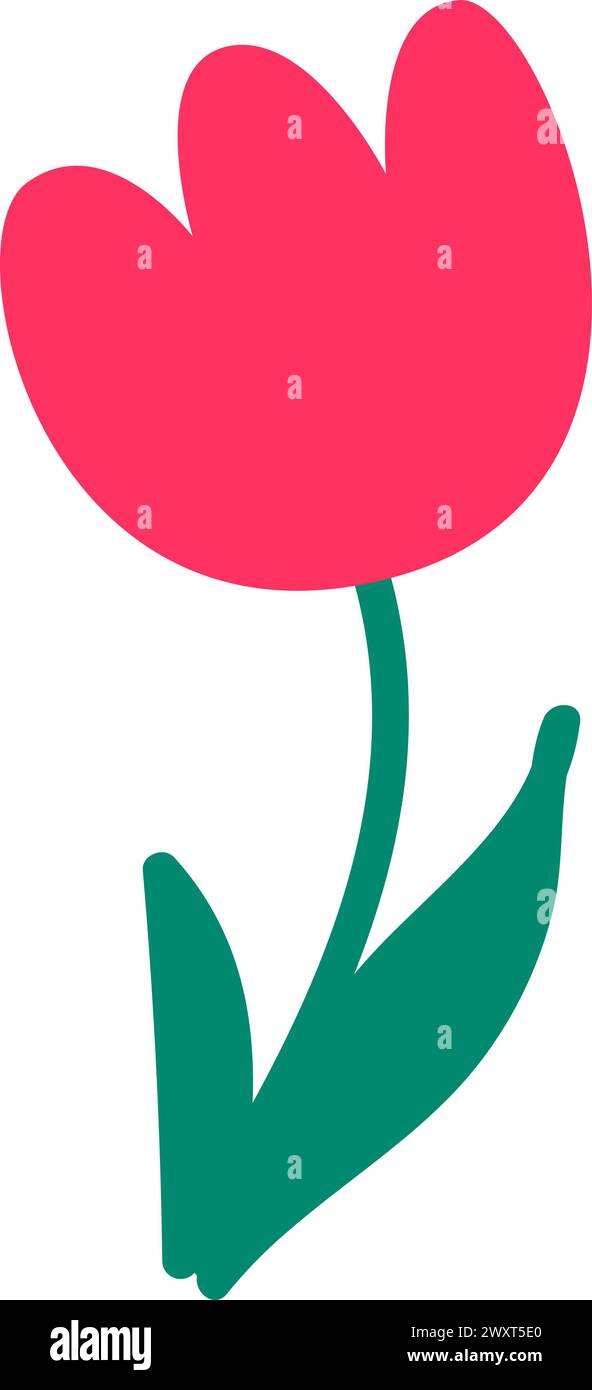 Red blooming tulip drawn by child. Bright childish careless ...