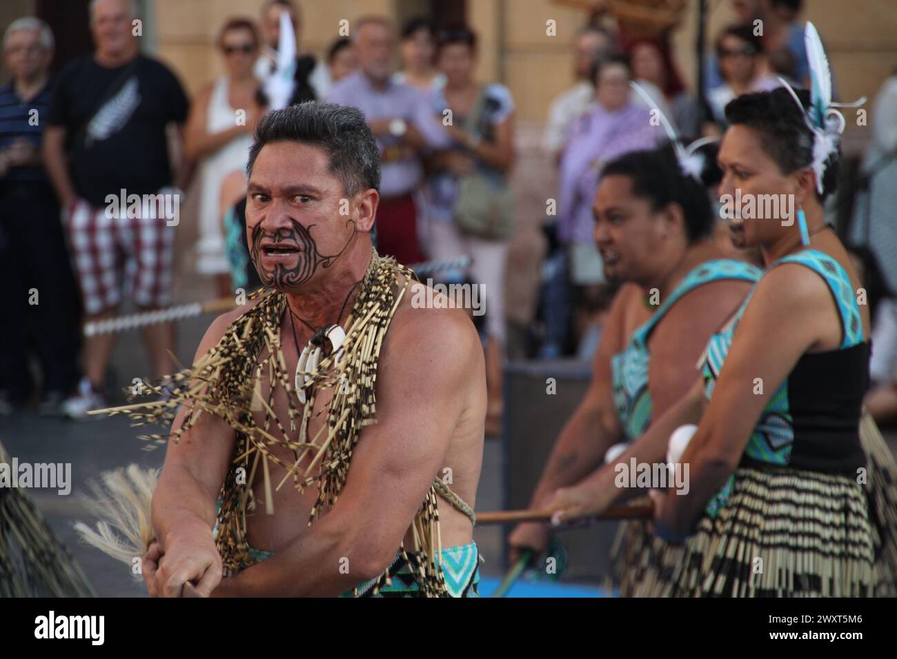 A Maori folk dancer during a performance in a street festival Stock ...
