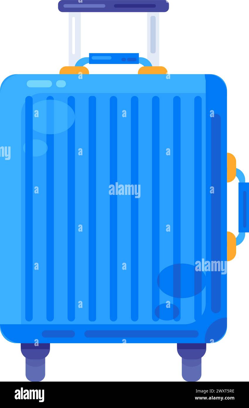 Plastic blue suitcase on wheels with handle. Accessories for transporting tourist luggage ...