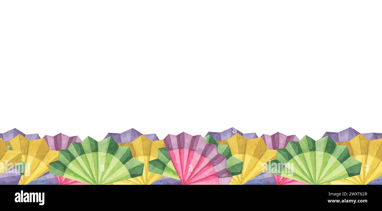 Seamless border of Mexican paper fans hand drawn set in watercolor ...