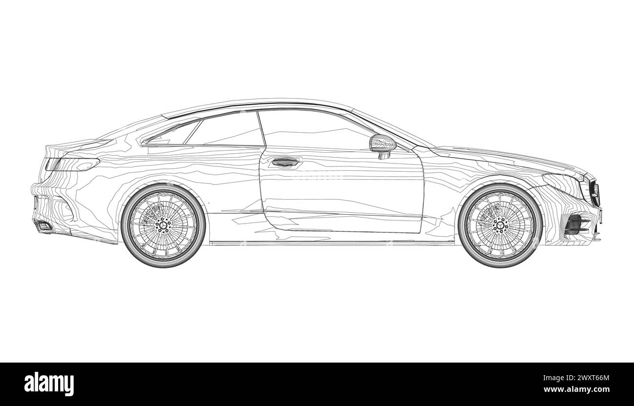 Outline of a two door modern car made of black lines isolated on a ...
