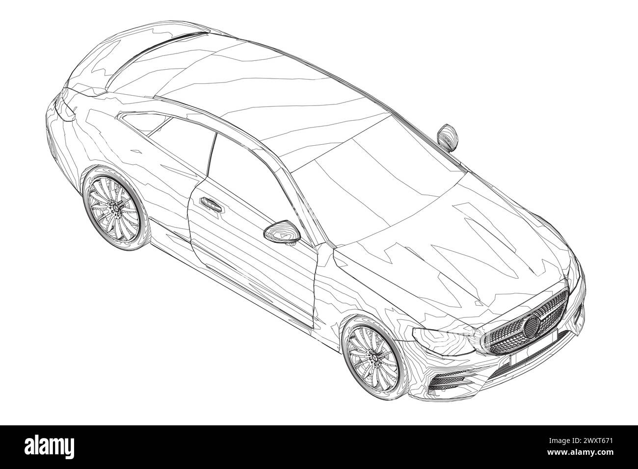 Outline of a two door modern car made of black lines isolated on a white background. Isometric ...