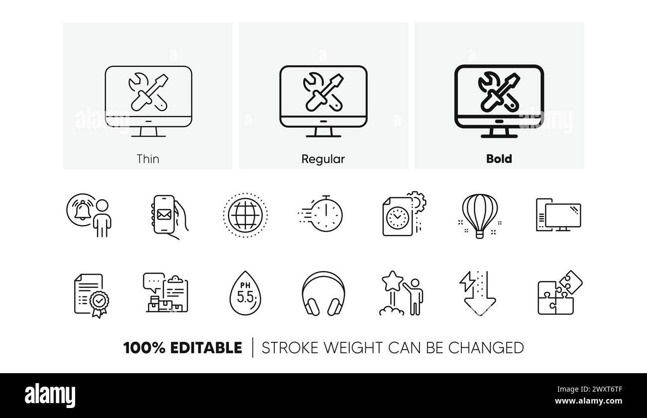 Headphones, Globe and Computer line icons. For web app, printing. Line icons. Vector Stock ...