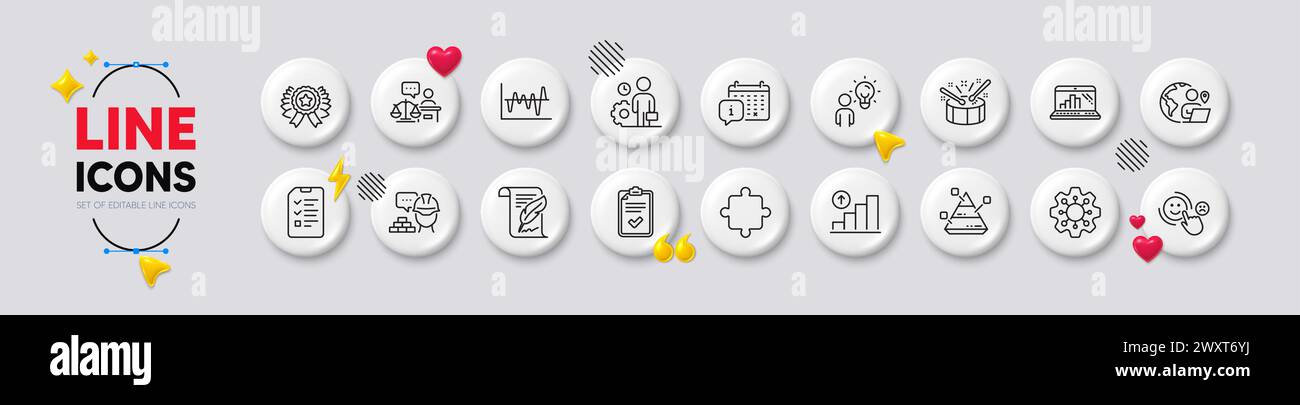 Calendar, Employee and Graph chart line icons. For web app, printing. White buttons 3d icons ...