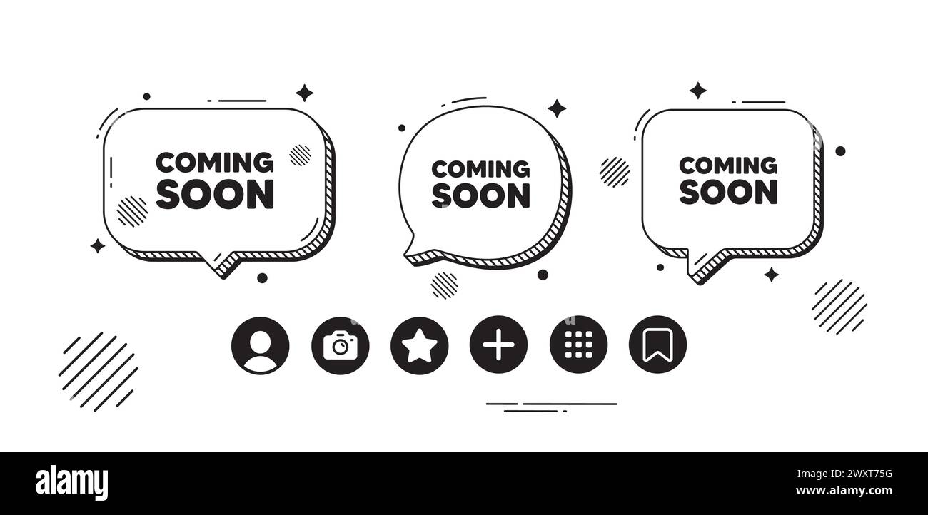 Coming soon tag. Promotion banner sign. Speech bubble offer icons ...