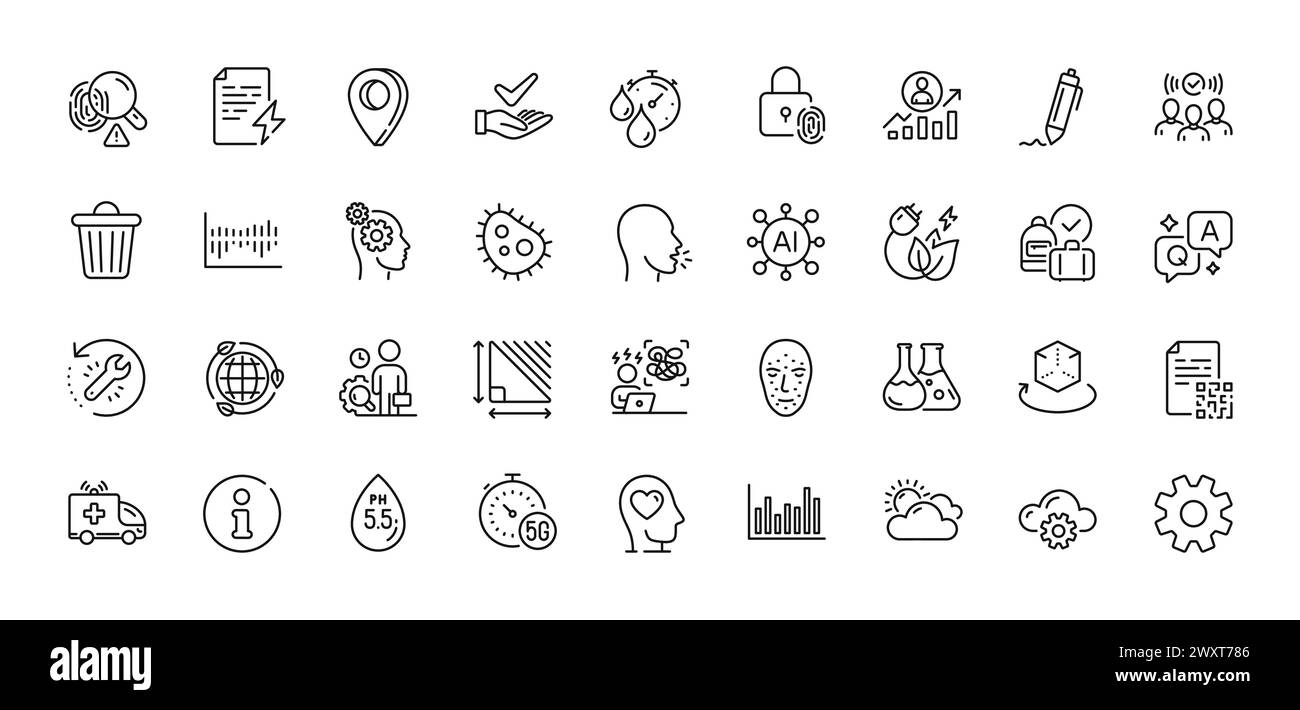 Trash bin, Mental health and Chemistry lab line icons pack. For web app ...