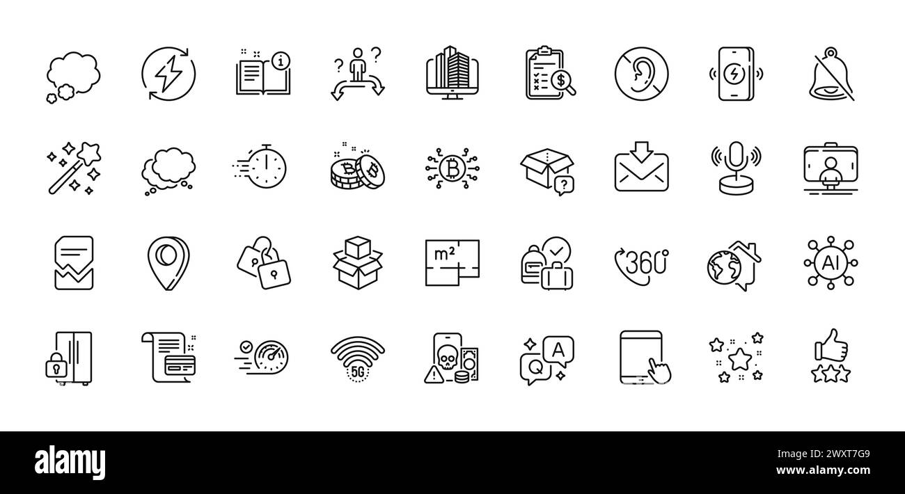 Locks, Selfie stick and Renewable power line icons pack. For web app ...
