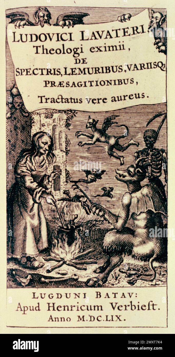 A witch stirs a cauldron, Leide, Germany, engraving 17th century Stock ...