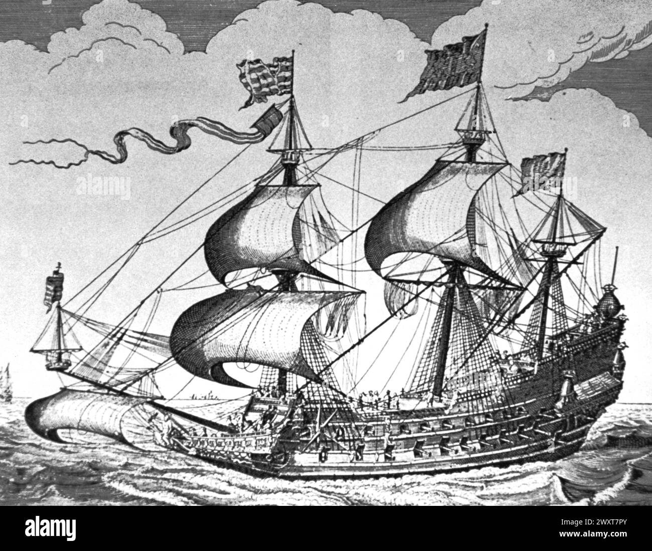 17th century Dutch warship, engraving by Class Jansz de Vischer ...