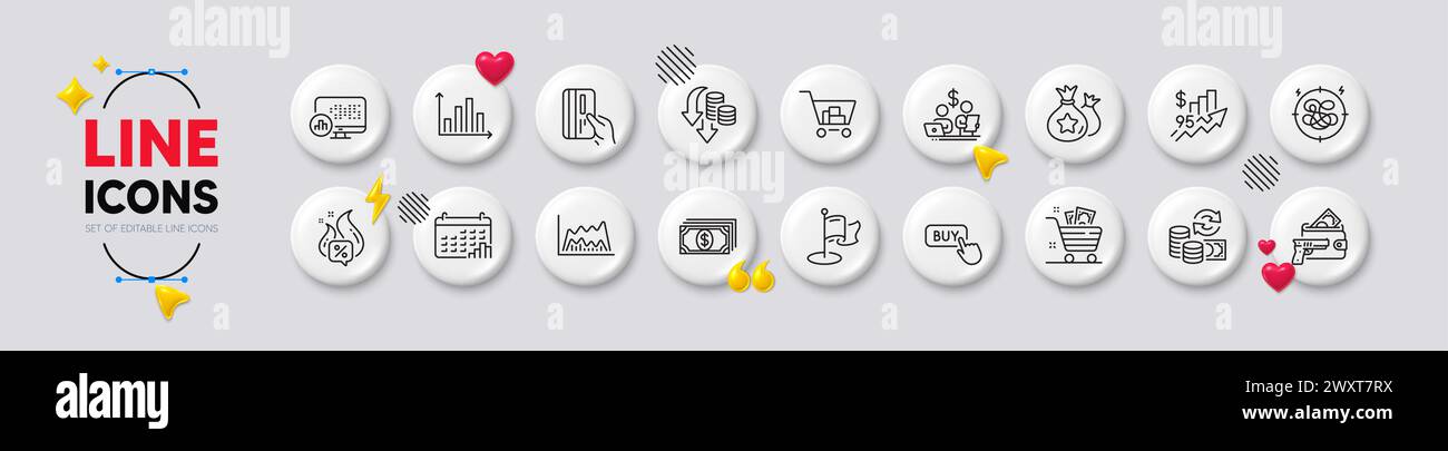 Stress, Calendar graph and Internet shopping line icons. For web app, printing. White buttons 3d ...