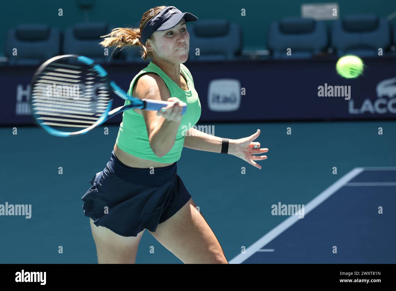 Sofia Kenin hits a forehand at the Miami Open on March 31, 2024 in ...