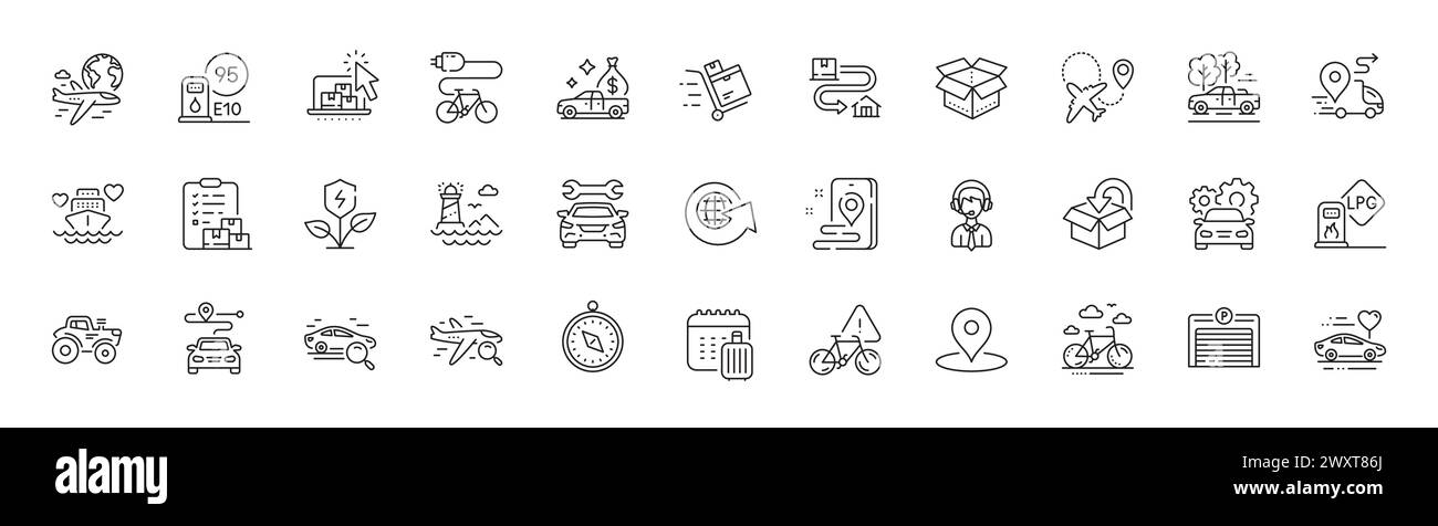 Airplane, Lighthouse and Pin line icons. For web app, printing. Line icons. Vector Stock Vector ...