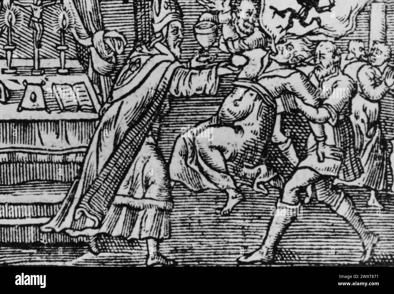 A demon is exorcised by a clergyman before an altar, woodcut by French ...