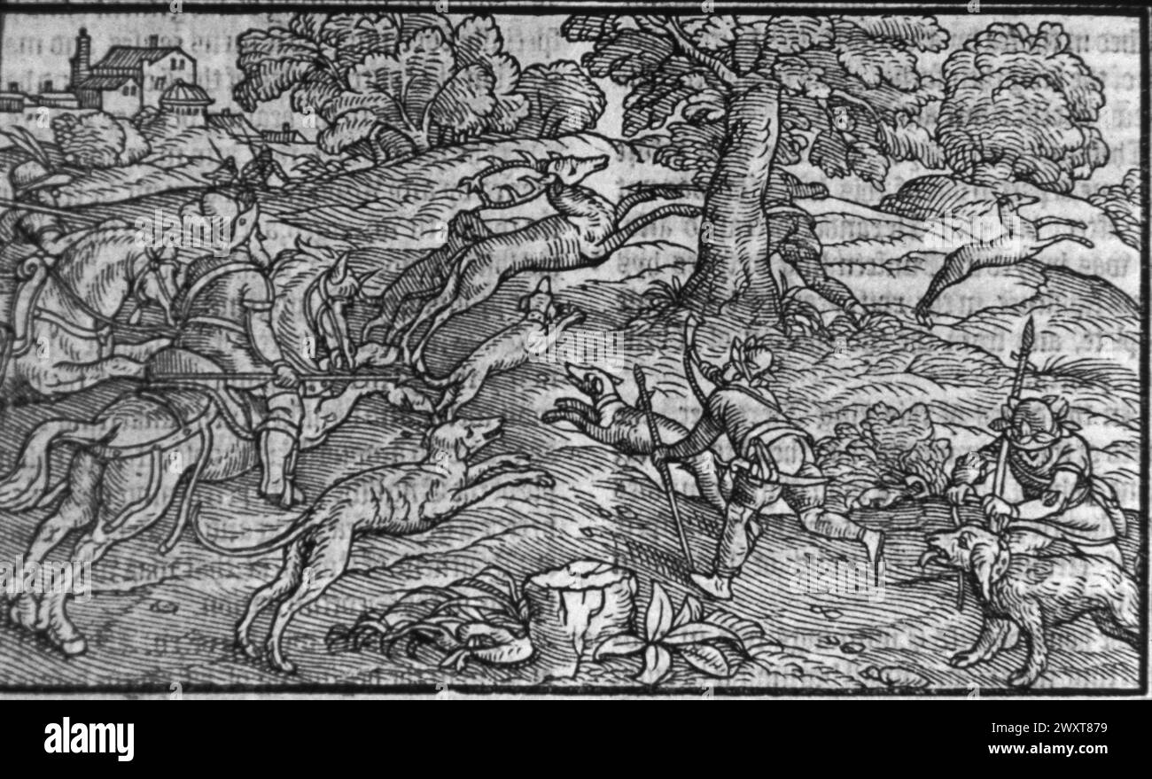 Hunting in the 16th century, illustration from Holinshed's Chronicles ...