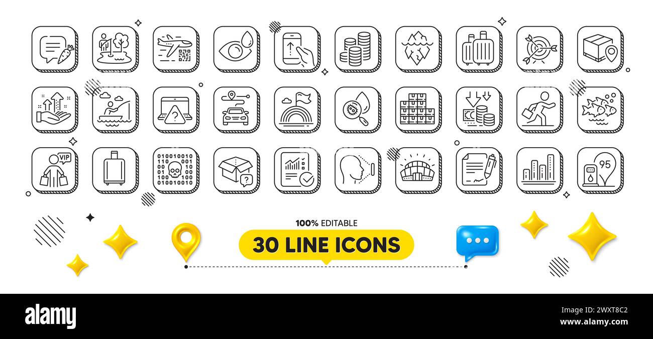 Qr code, Fish school and Water analysis line icons pack. For web app. 3d design elements. Vector ...