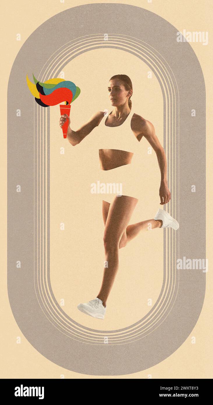 Poster. Contemporary art collage. Young woman in transparent sportswear ...