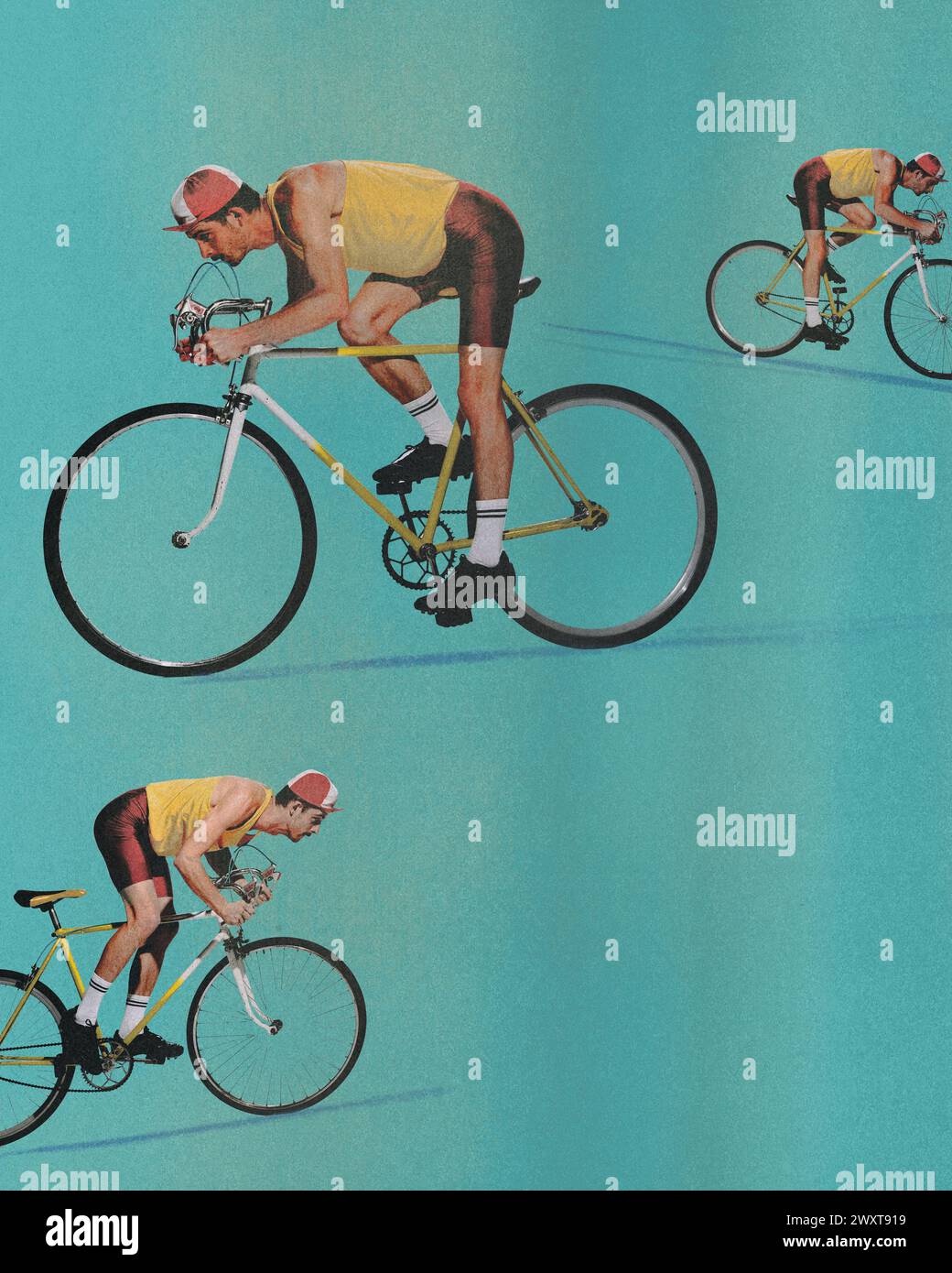 Poster. Contemporary art collage. Young man, sportsman fast riding a ...