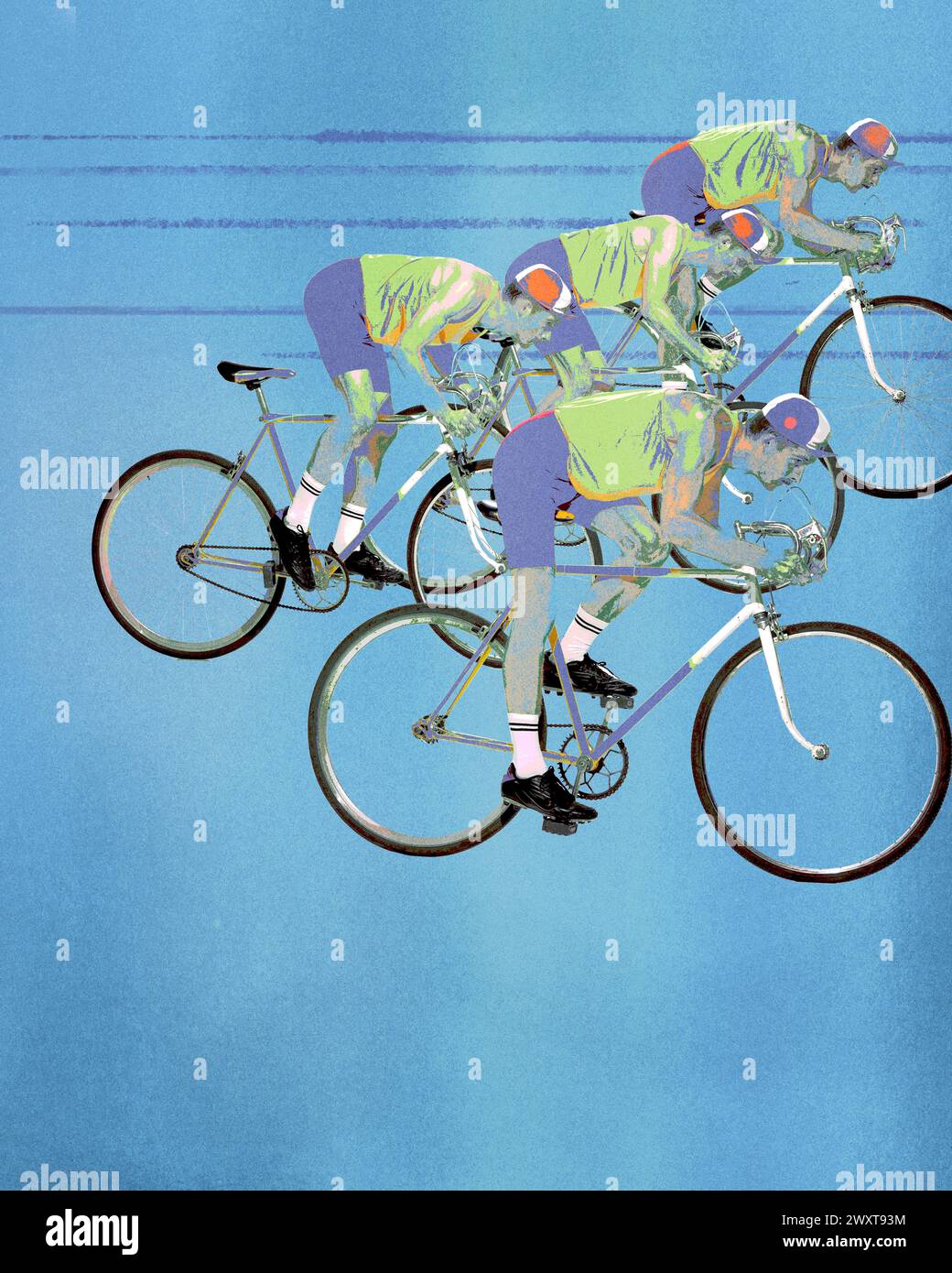Poster. Contemporary art collage. Bicycle challenge. Young man in retro ...