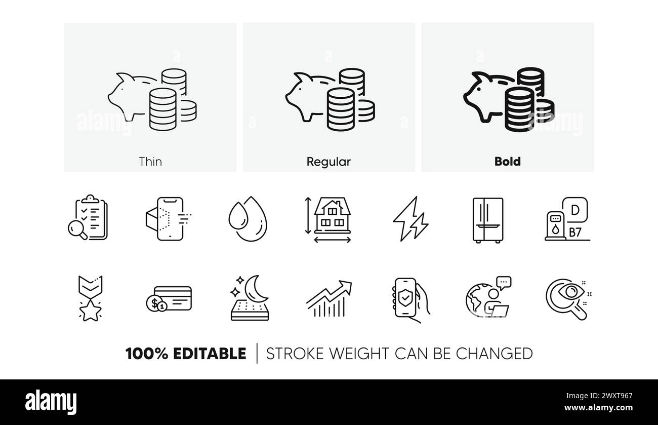 House dimension, Security app and Piggy bank line icons. For web app, printing. Line icons ...