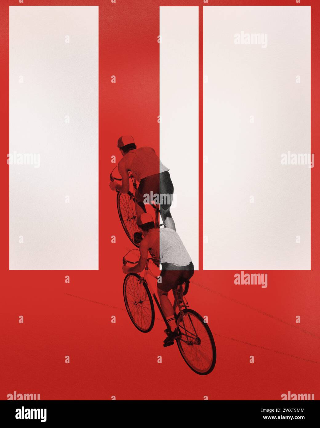 Poster. Contemporary art collage. Cyclist in motion, segmented by bold ...