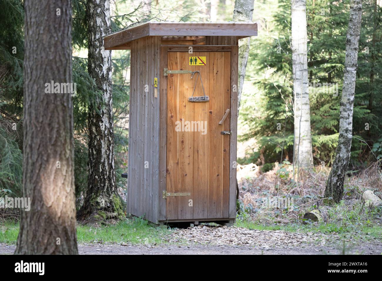 02 April 2024, Saxony, Gohrisch: A forest toilet is located along the ...