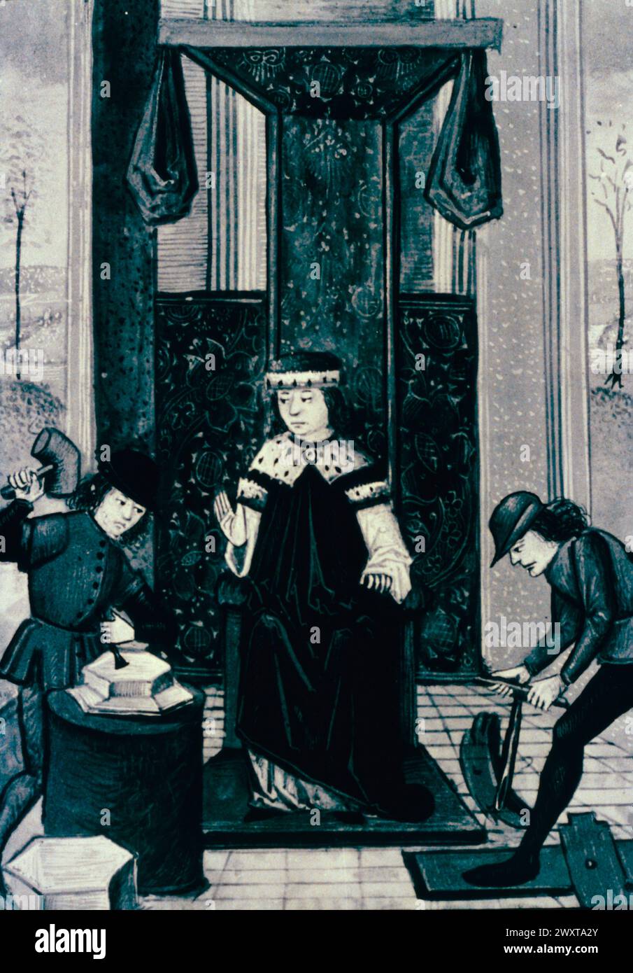 A guild warden judges the work of a mason and a carpenter, medieval ...