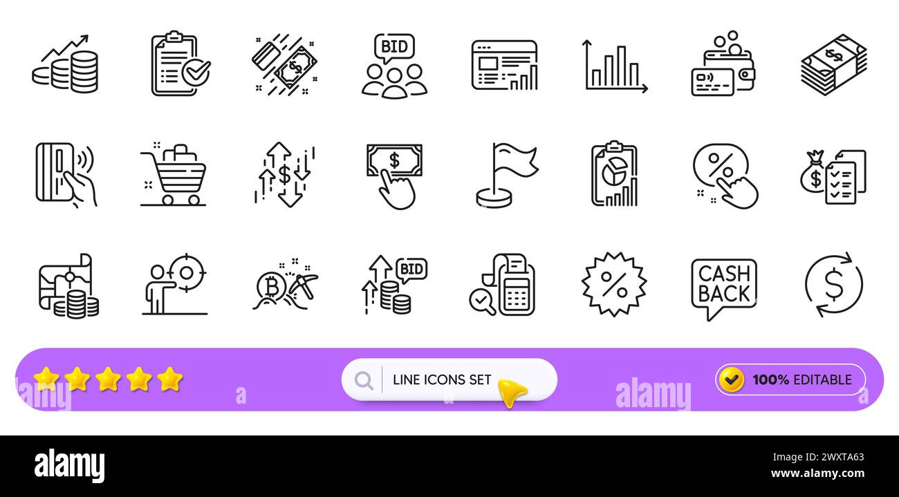 Dollar exchange, Survey checklist and Bid offer line icons for web app ...