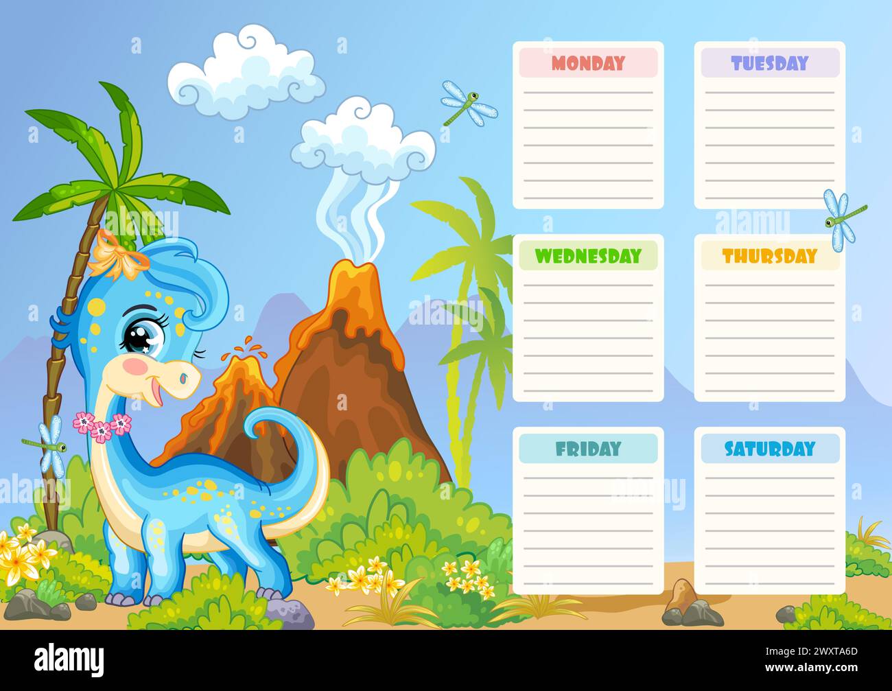 Cute blue dinosaur printable weekly planner vector Stock Vector Image ...